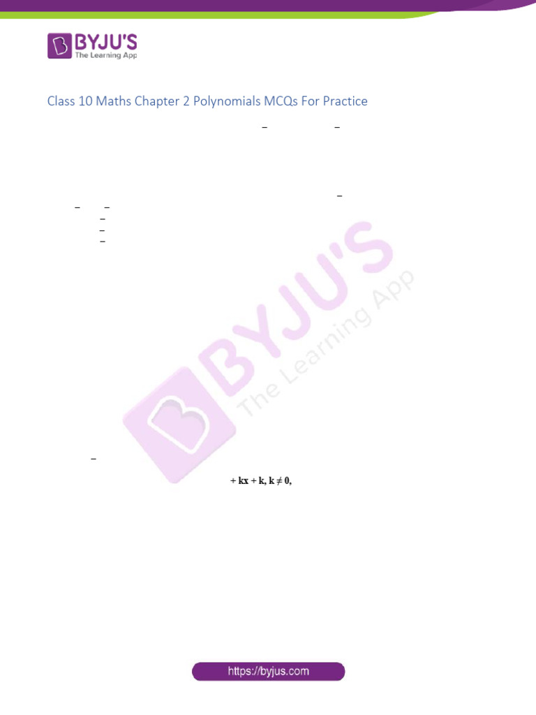 Class 10 Maths Chapter 2 Polynomials MCQs for Practice | PDF