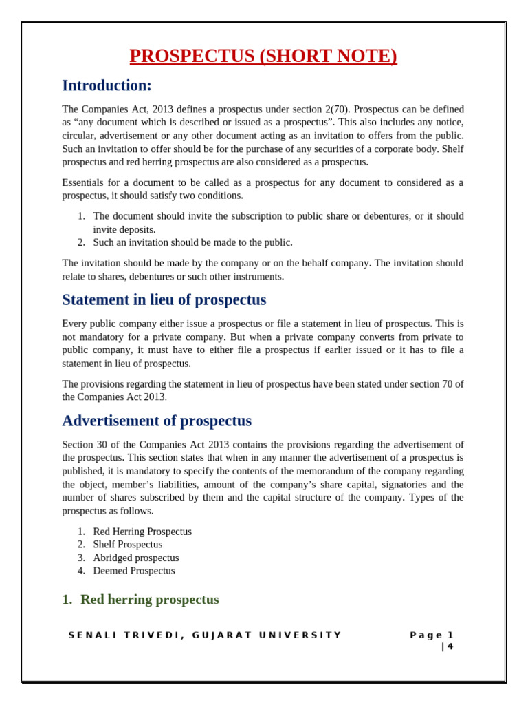 Short Note - Types of Prospectus | PDF | Securities (Finance ...