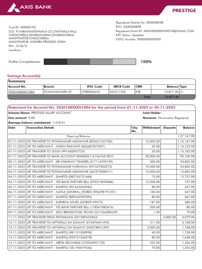 AXIS BANK Statement For November 2025 - Unlocked | PDF | Debit Card | Banks