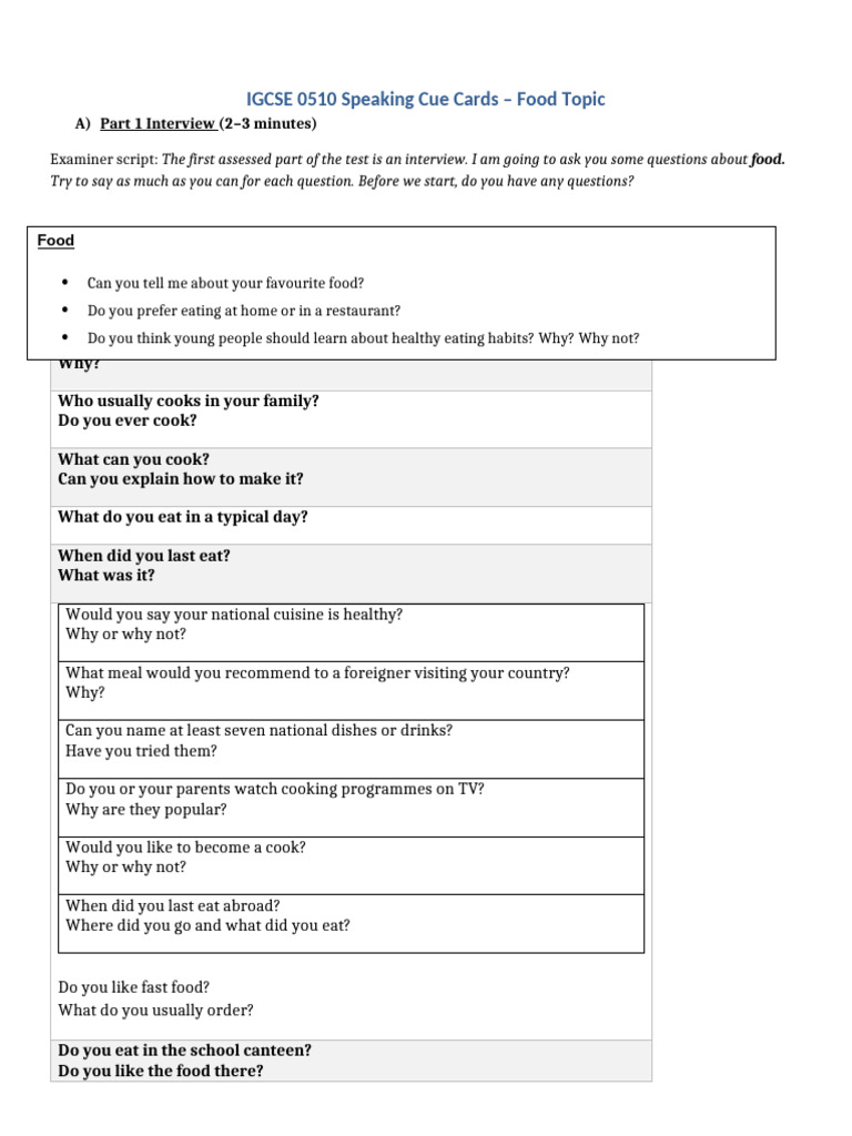 IGCSE 0510 Food-Speaking Cue Cards P1&P3 | PDF | Cooking | Foods