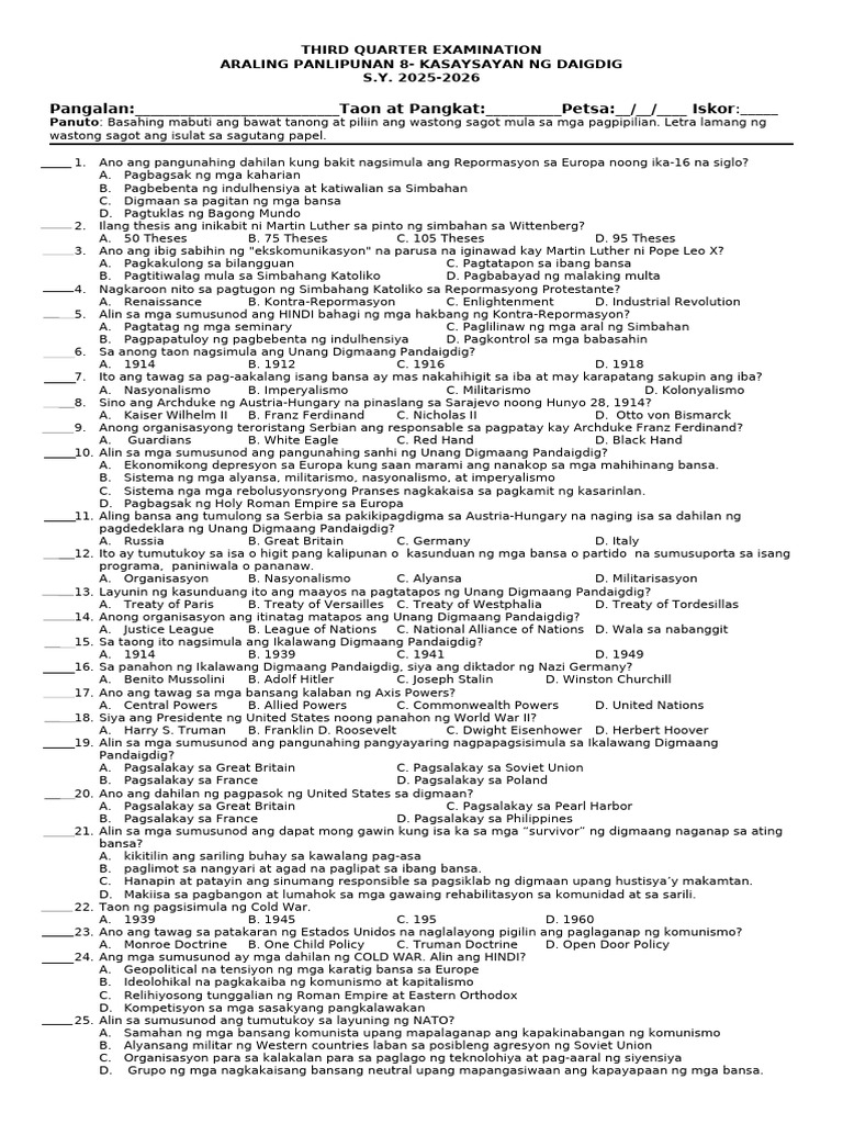 3rd Quarter Exam AP8 SY 2025 2026 | PDF