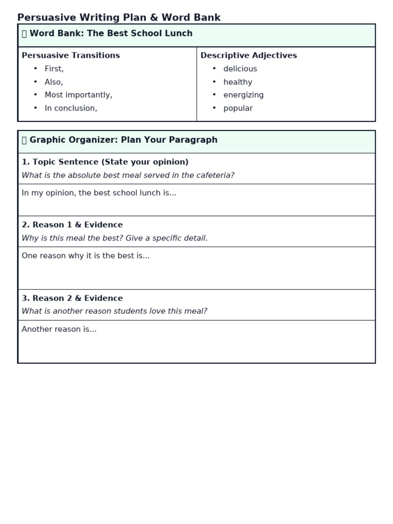 Persuasive Paragraph Writing The Best School Lunch | PDF | Reason | Lunch