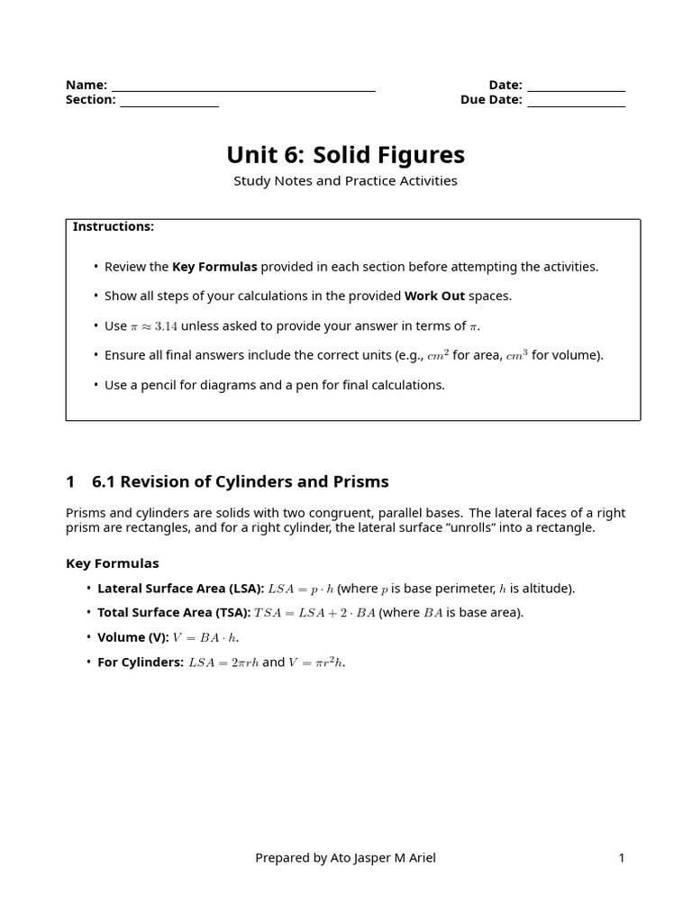 Unit 6 Solid Figures Study Notes and Exercise (1) | PDF | Sphere | Area