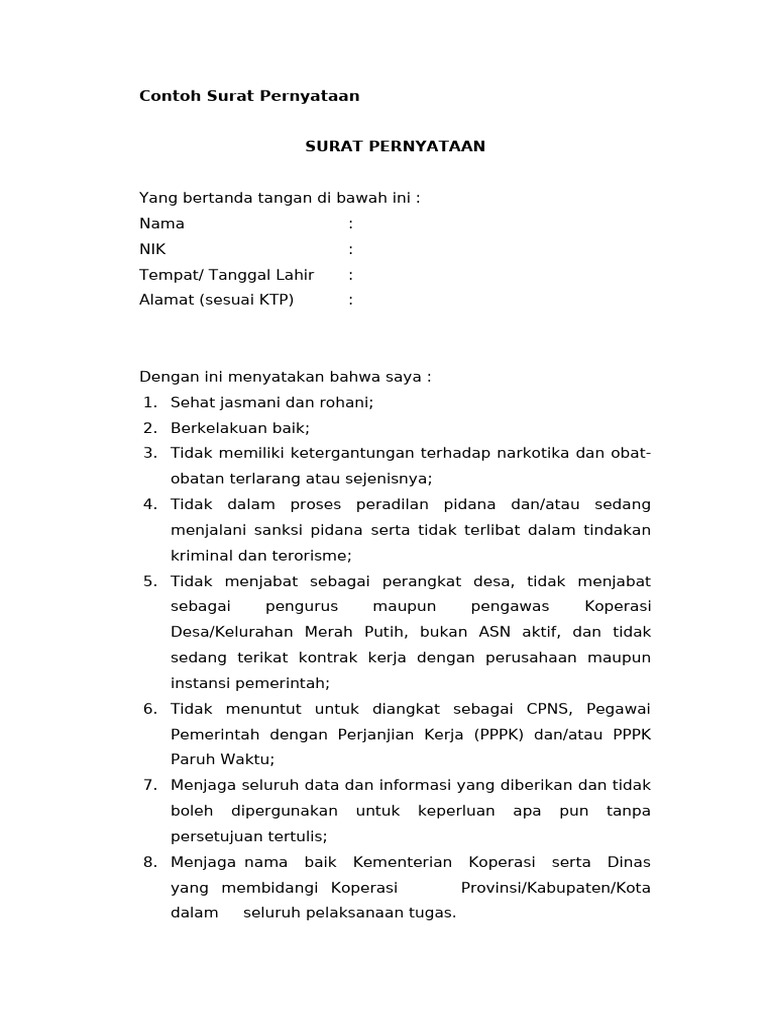 Contoh Surat Pernyataan BA KDKMP | PDF