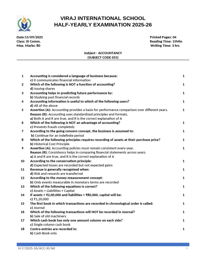 ACC Class XI Paper HY 2025-26 MS | PDF | Debits And Credits | Expense