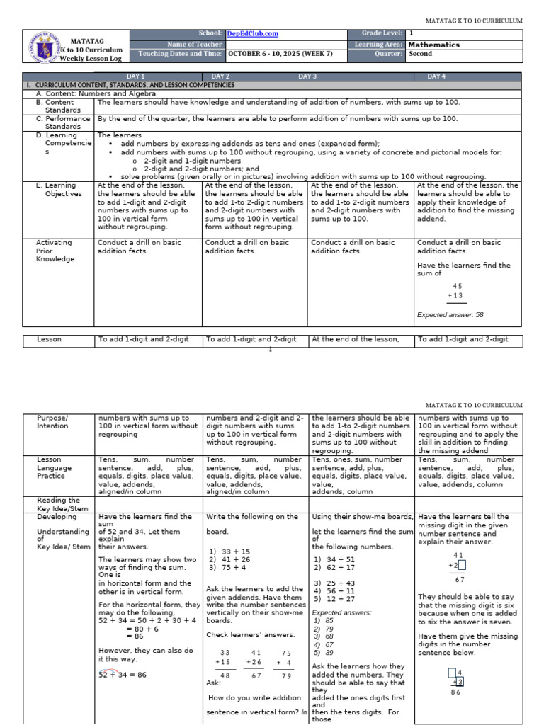 DLL Matatag Mathematics 1 q2 w7 | PDF | Curriculum | Learning