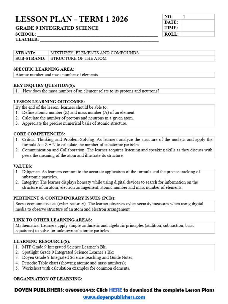 Grade 9 Integrated Science Term 1 2026 Lesson Plans | PDF | Chemical ...
