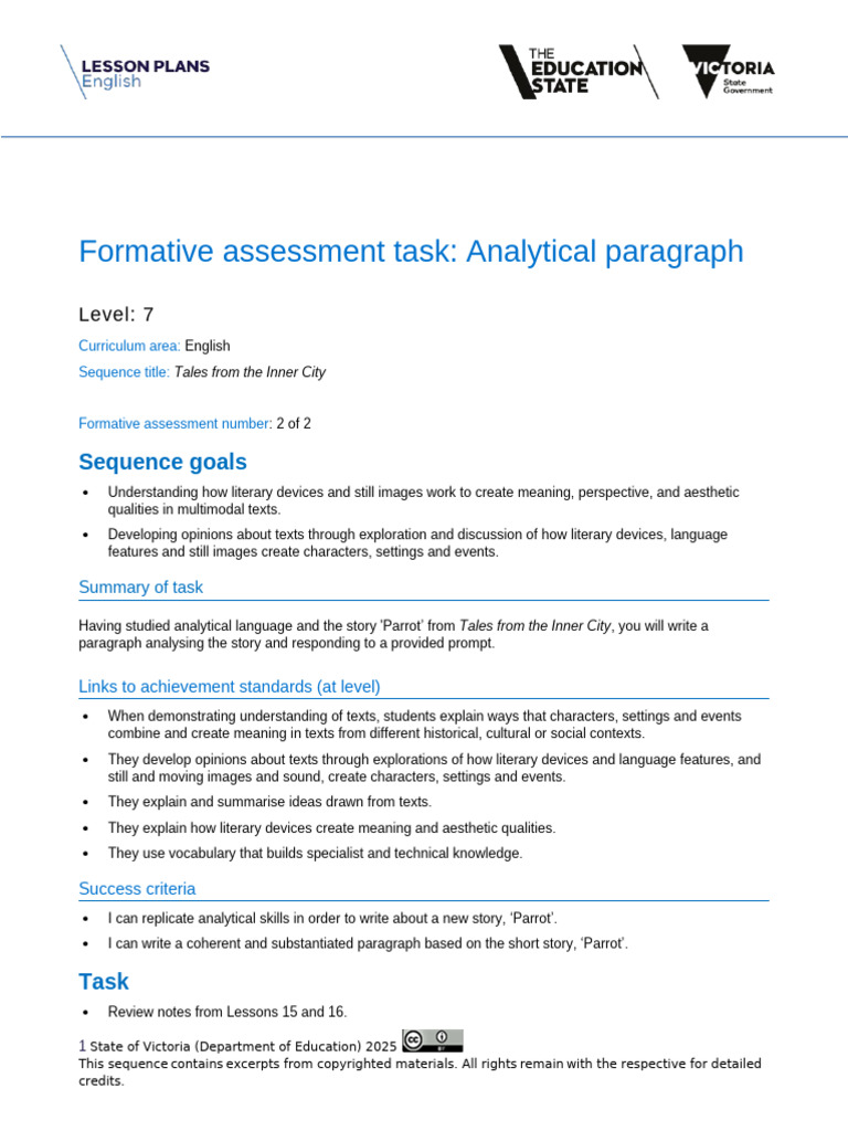 Resource1 Formative Assessment Analytical Paragraph e l7 s2 | PDF