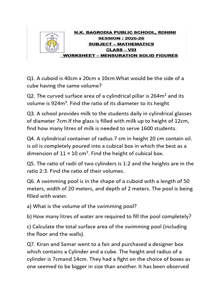 Worksheet Mensuration Solid Figures | PDF