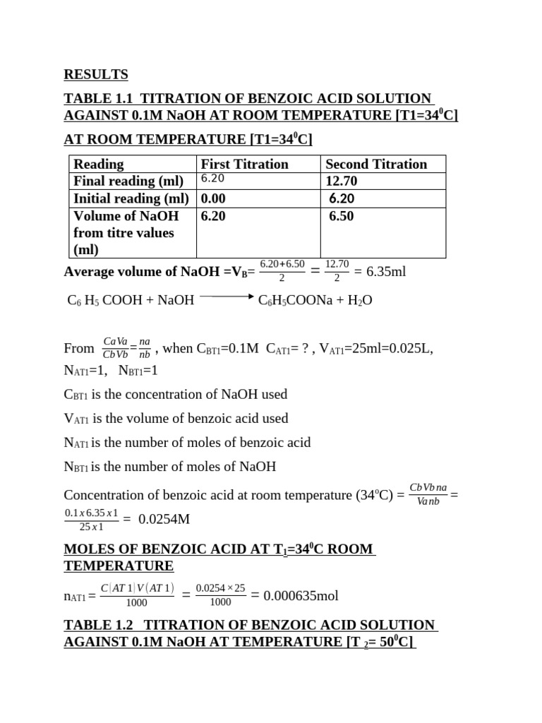 Results, Tables and Calculations | PDF | Acid | Concentration