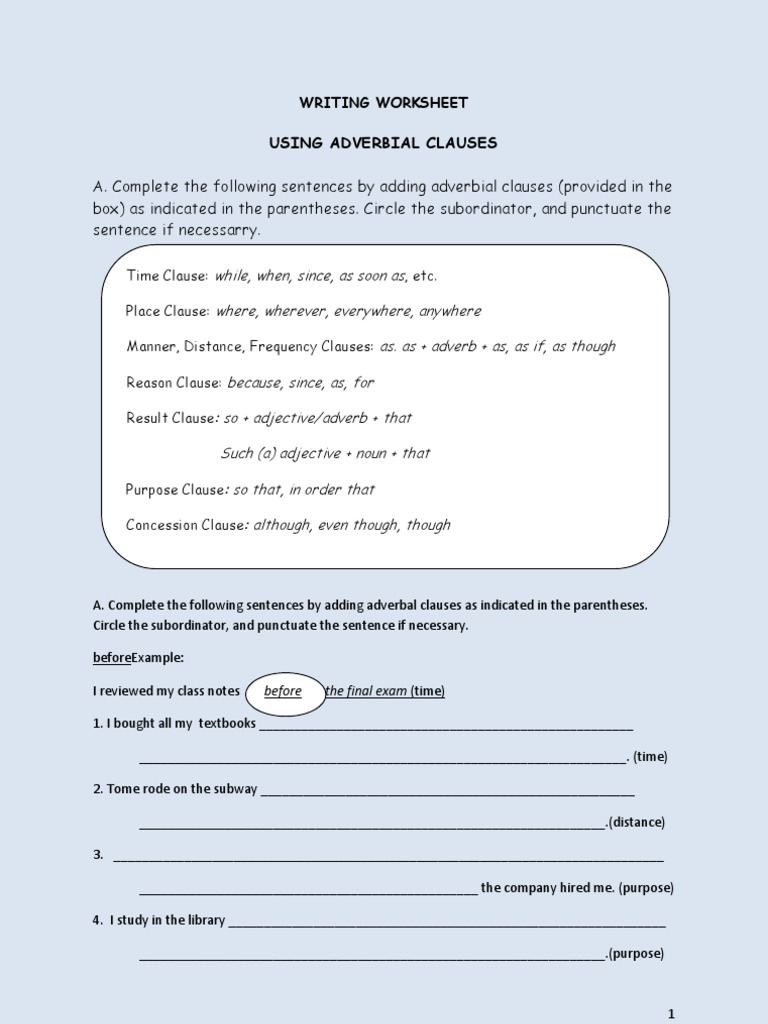 Adverbial Clauses Practice Worksheet | PDF | Adverb | Languages