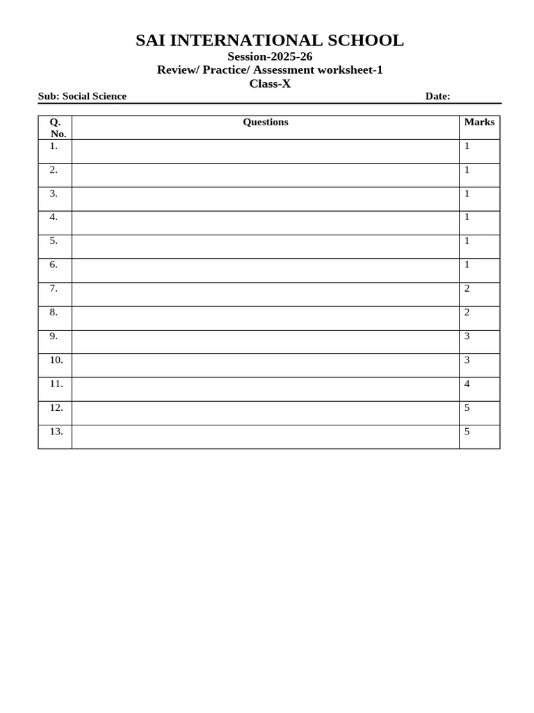 SSC QP Review, Practice, Assessment Wksht-1 2025-26 | PDF