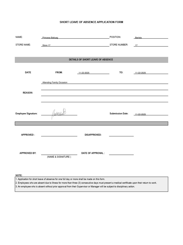 Short Leave of Absence Form | PDF