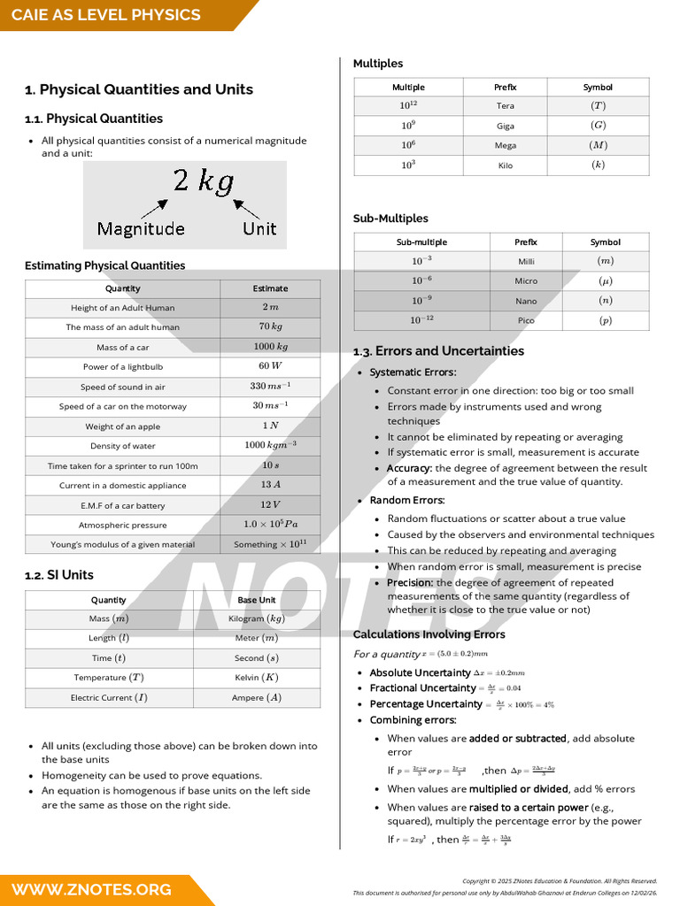 CAIE - As Level - Physics - Physical Quantities and Units | PDF ...
