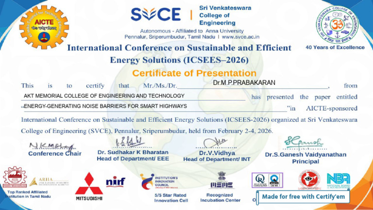 Certificate For Dr.m.p.prabakaran For - Icsees - 2026 | PDF