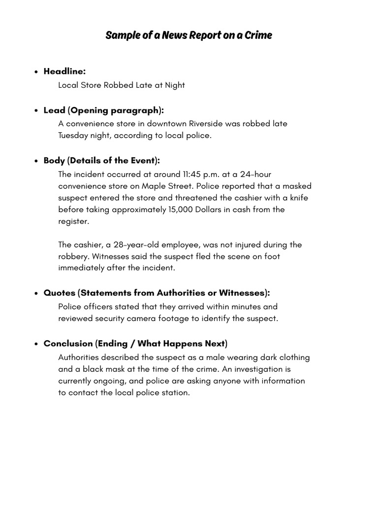 Sample of A News Report On A Crime | PDF | Robbery | Violence