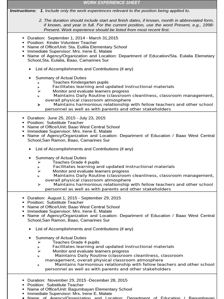 Pds Work Experience Sheet Form | PDF | Teachers | Classroom