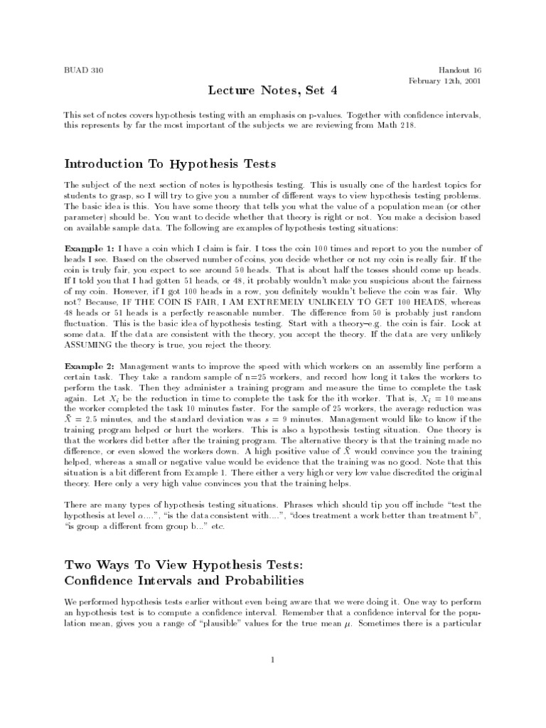 Lecture Notes Set 4 Introduction To Hypothesis Tests Example 1 Pdf