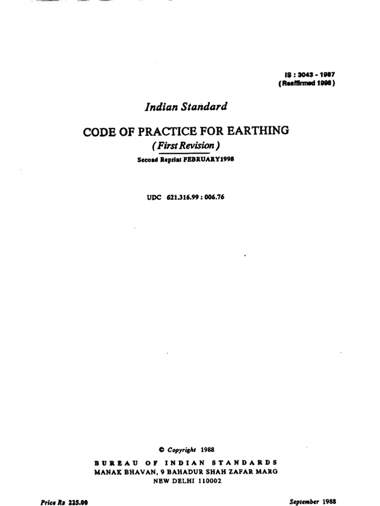 IS3043 1987 Code of Practice For Earthing | PDF