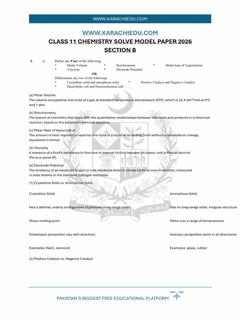 Class 11 Chemistry Solve Model Paper by Karachi Edu | PDF