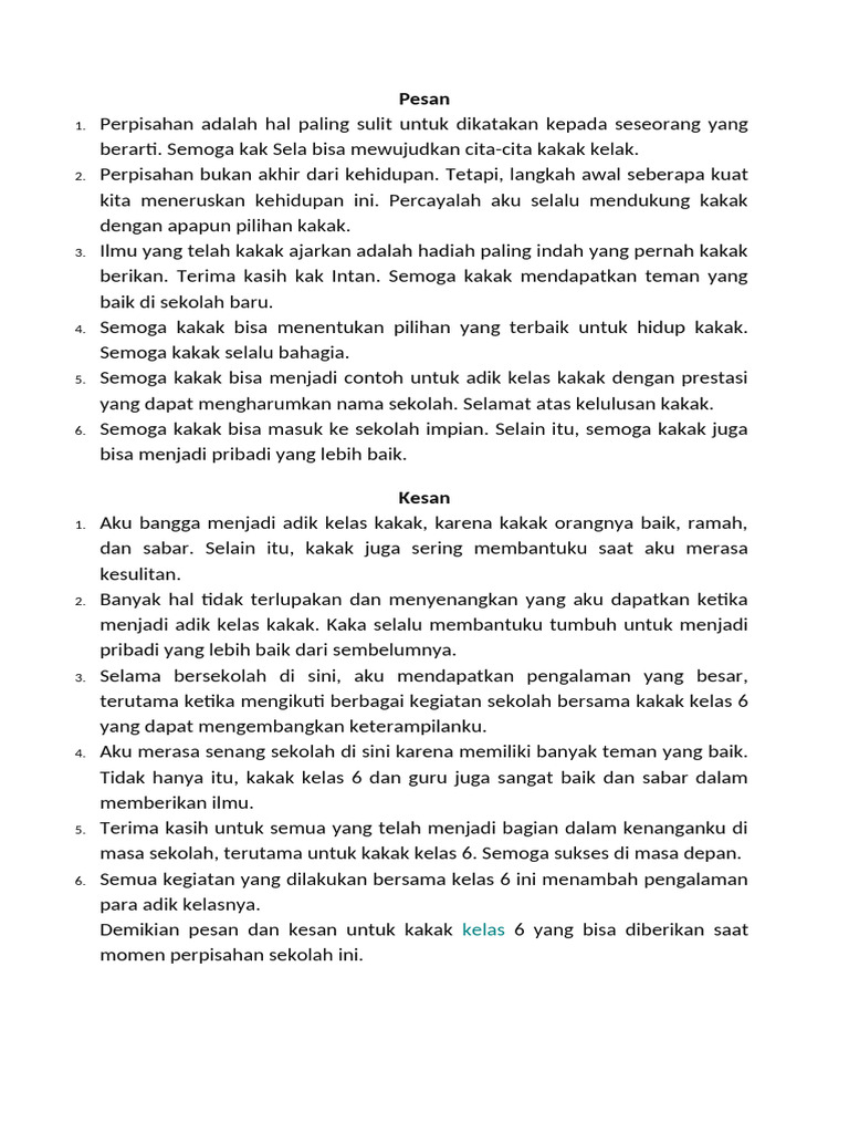 Pesan Dan Kesan Untuk Kelas 6 | PDF