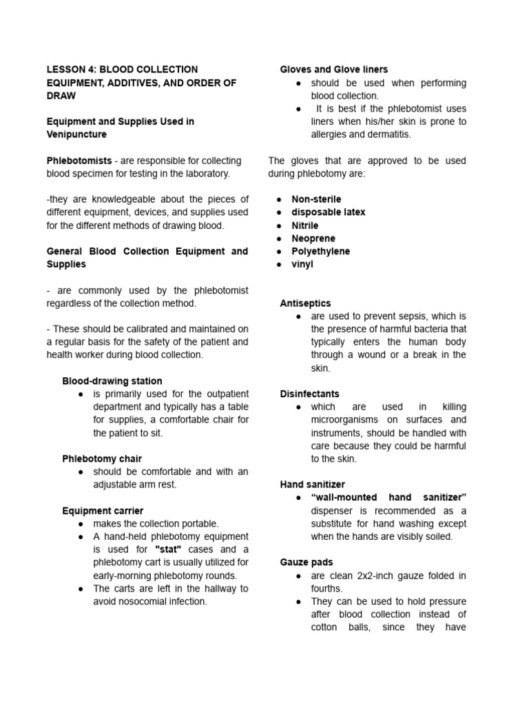 Lesson 4 - Blood Collection Equipment, Additives, and Order of Draw ...