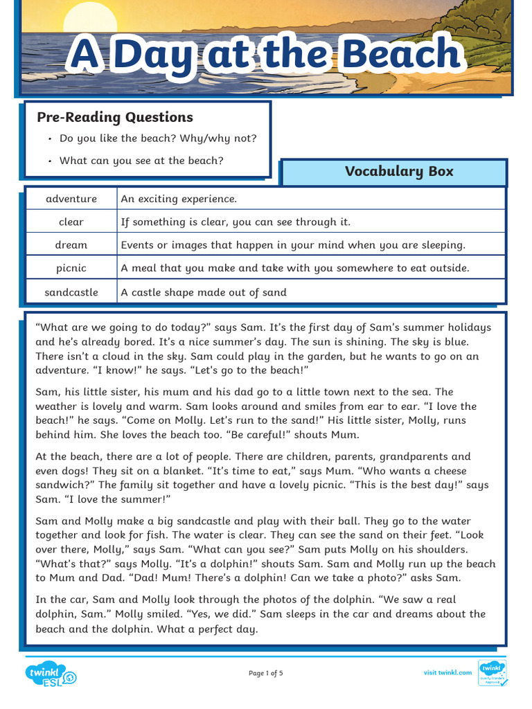 t e 1724334627 a Day at the Beach Reading Comprehension Teens a1 Ver 4 ...