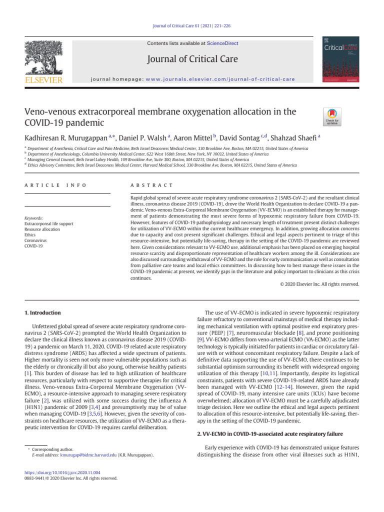 Veno Venous Extracorporeal Membrane Oxygenation Allocat 2021 Journal of ...