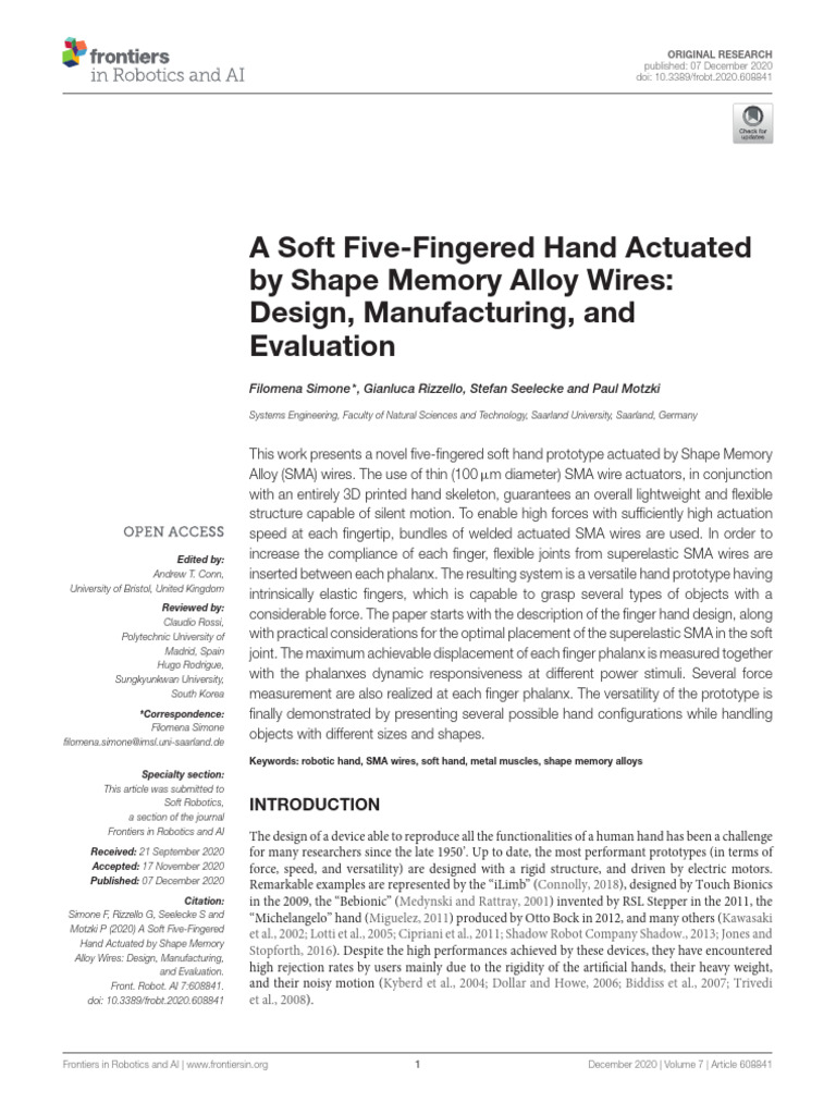 A Soft Five-Fingered Hand Actuated by Shape Memory Alloy Wires Design ...