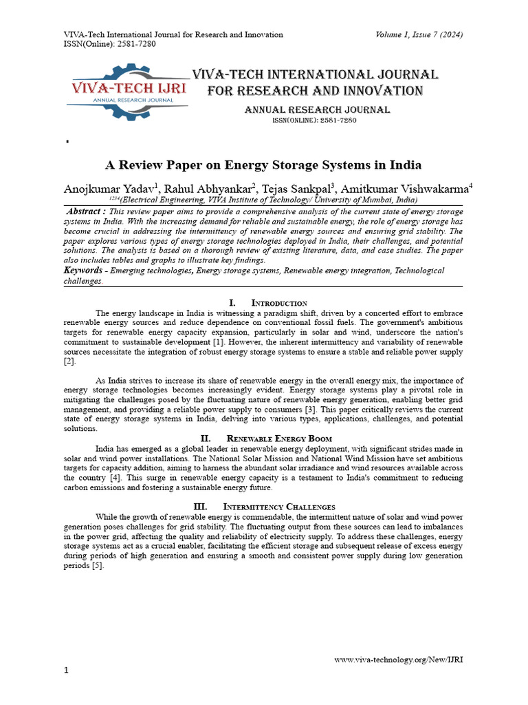 A Review Paper On Energy Storage Systems in India | PDF | Energy ...
