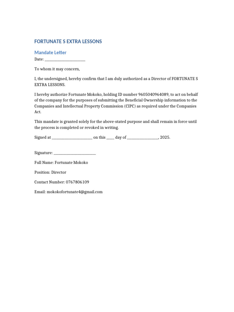 Mandate Letter Fortunate Mokoko | PDF