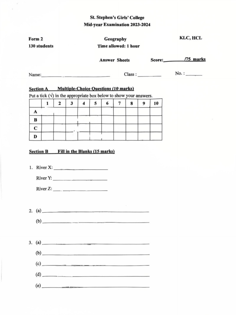 2324 Form 2 Geography Mid Year Answer Sheet | PDF