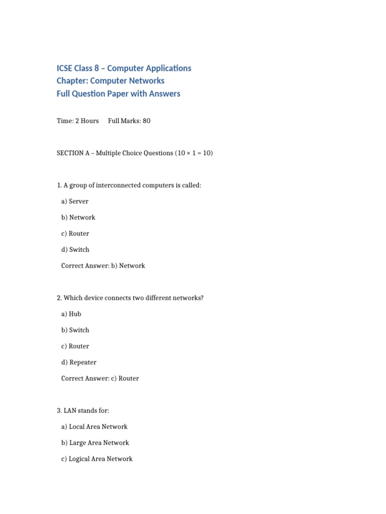 ICSE Class 8 Computer Networks Full QP With Answers | PDF | Computer ...