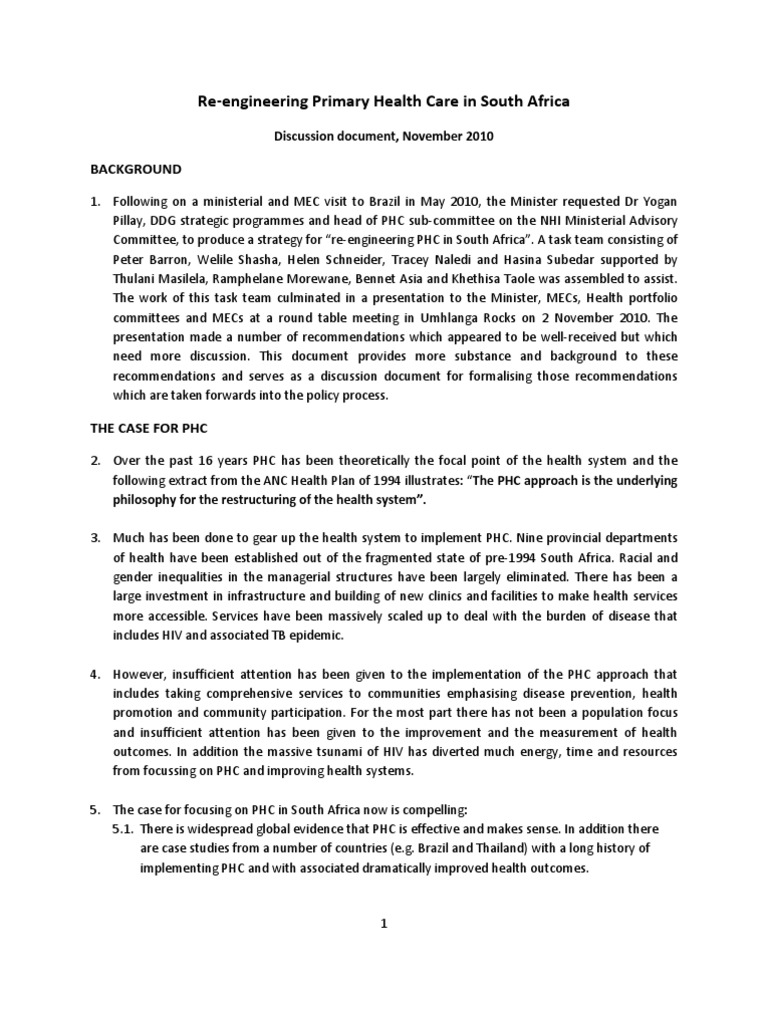 Draft 2010 Document On The Re-Engineering of Primary Health Care in ...