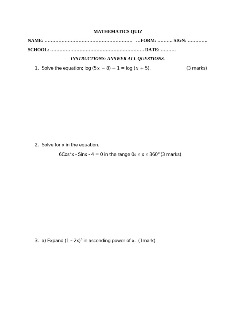 Mathematics Quiz | PDF