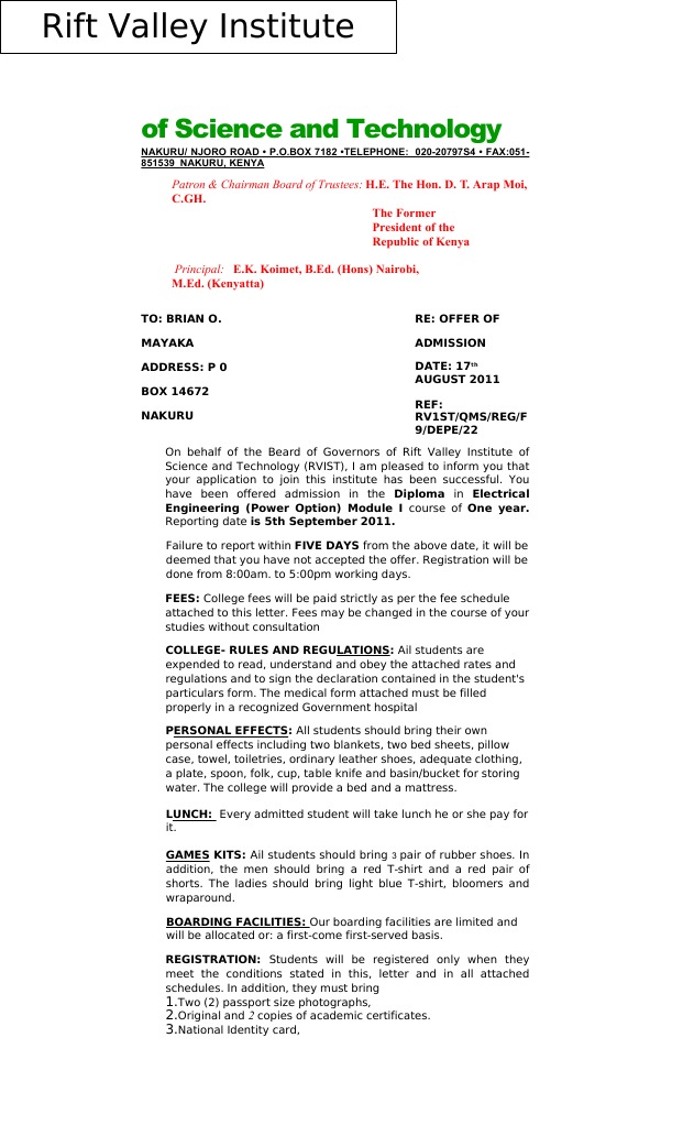 RVIST Nakuru Admission Offer | PDF
