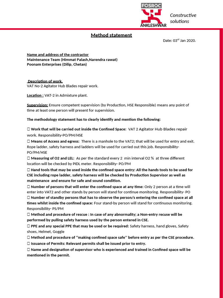 Safe work Statement to carryout any activity | PDF | Personal ...