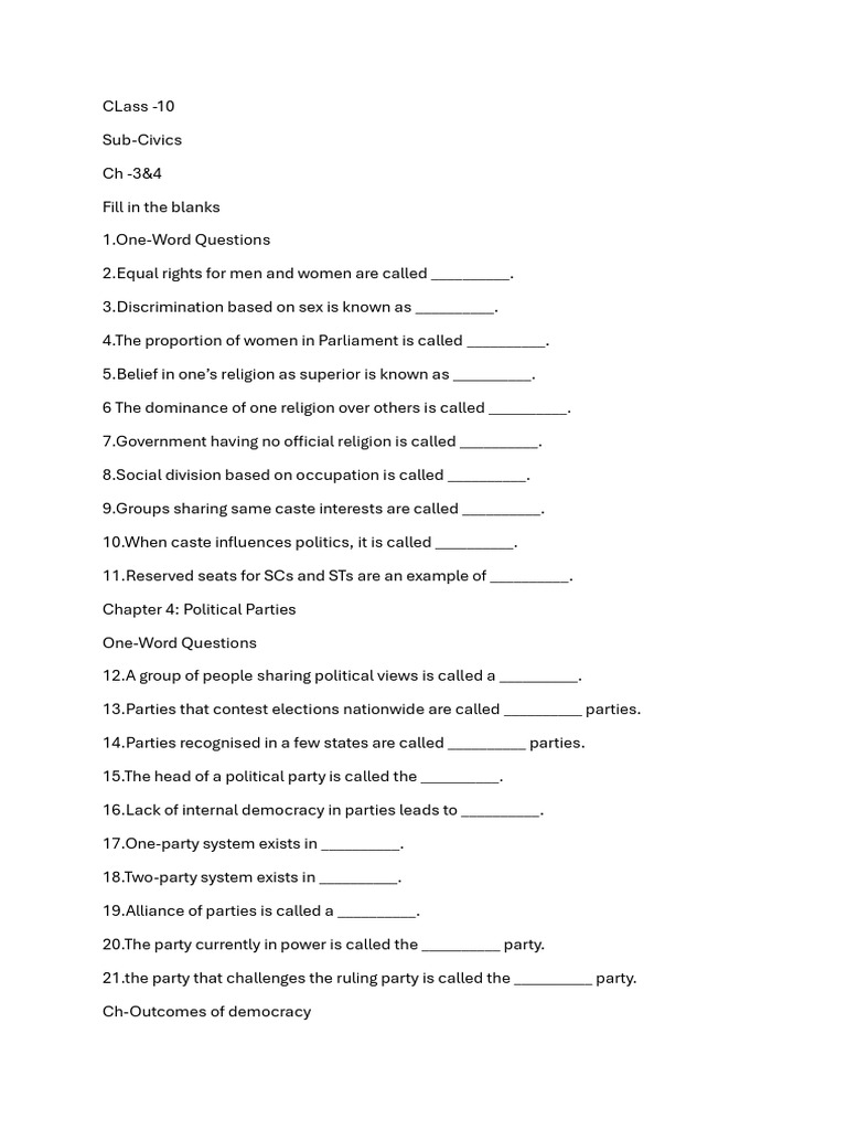 Class - 10 Civics MCQ, CH 3,4&5 | PDF | Democracy | Political Ideologies