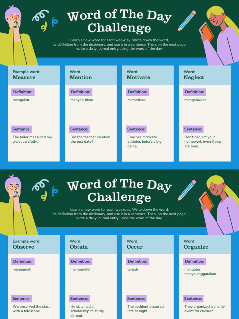 DAY 15 Word of the Day Challenge Worksheet in Blue Green Flat Graphic ...