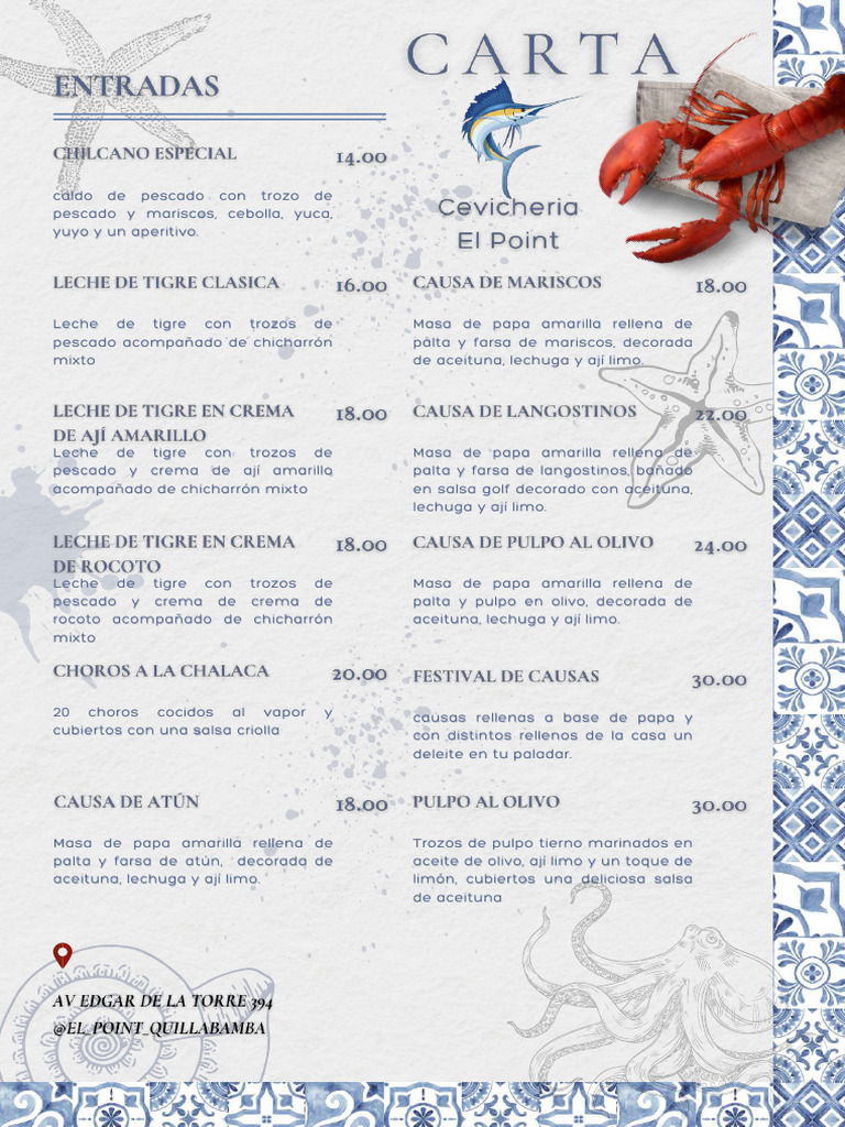 Menú Restaurante Tradicional Comida Marina Elegante Azul - 20250316 ...