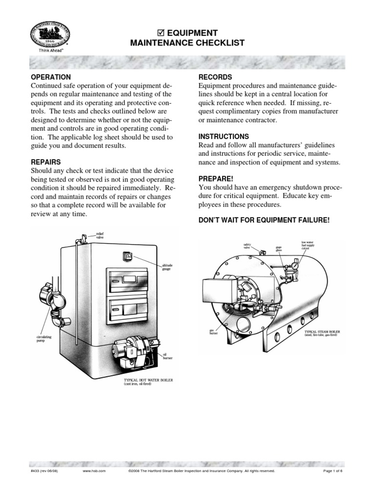 Equipment Maintenance Checklist | Boiler | Steam