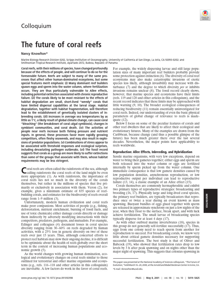 Knowlton 2001 The Future of Coral Reefs | PDF | Coral | Coral Reef