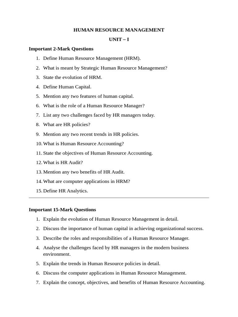 HRM Important Questions 1,2 Units | PDF | Human Resource Management ...