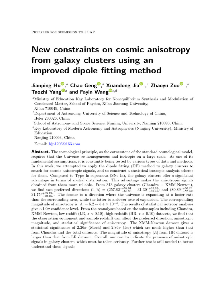 New Constraints On Cosmic Anisotropy From Galaxy Clusters Using An ...