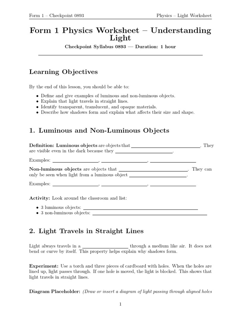 Form 1 Worksheet on Light | PDF | Light | Radiation
