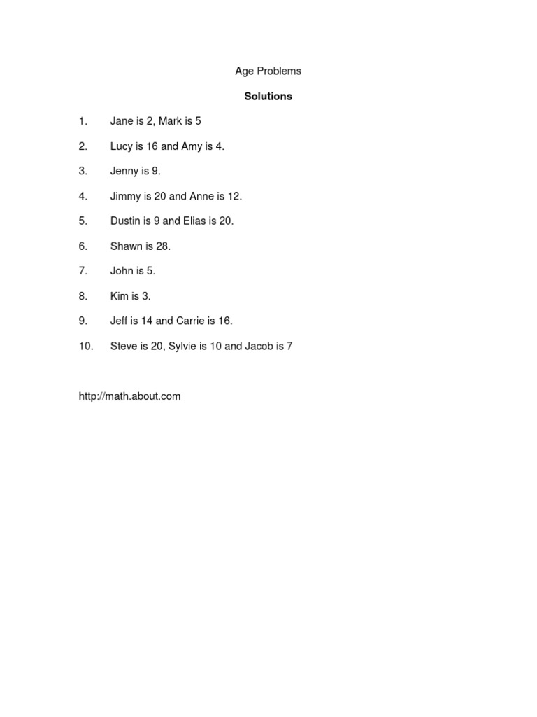Age Word Problems Solutions | PDF