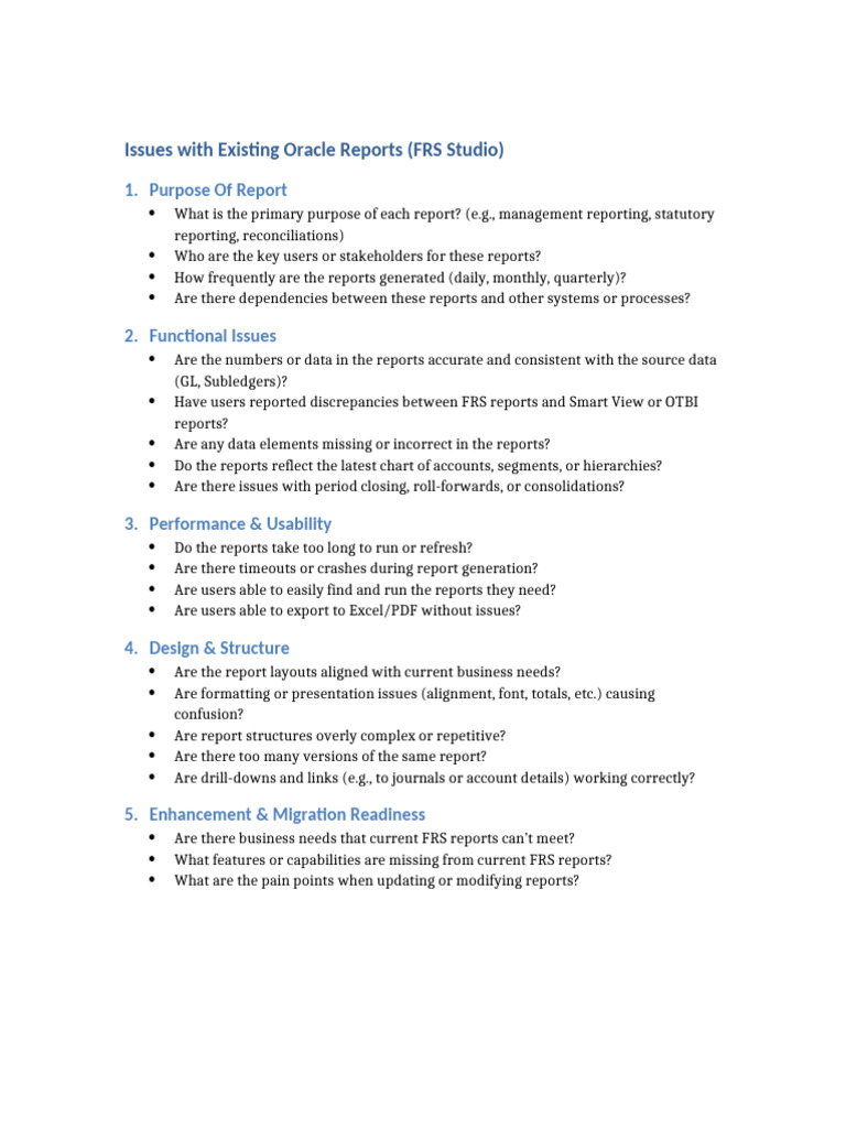 FRS Report Issues Questionnaire | PDF