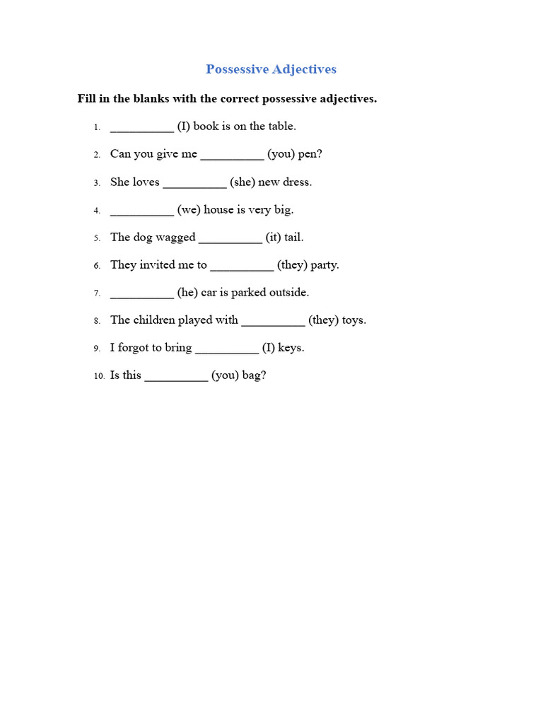 Possessive Adjectives Homework | PDF