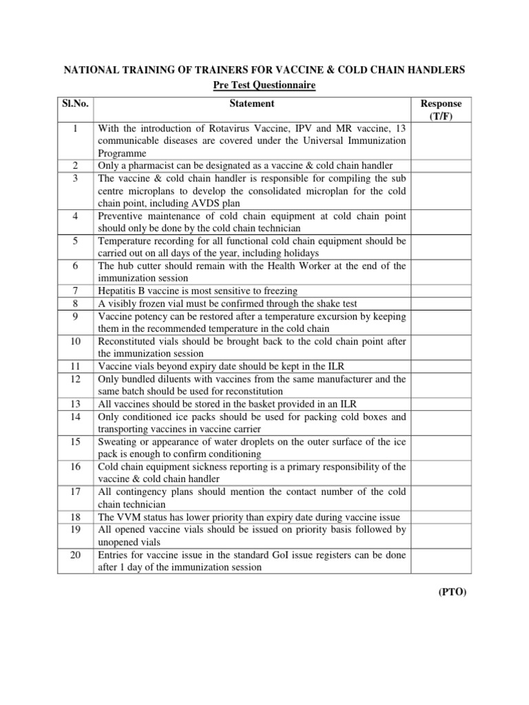 Pre-Test Questionnaire - (B&W On A-4 SHEET - Back To Back) 50 Sets ...