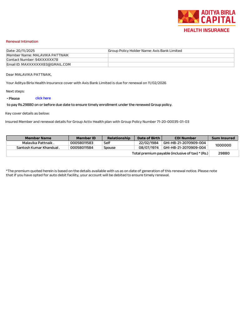 Click Here: Renewal Intimation | PDF | Insurance | Underwriting